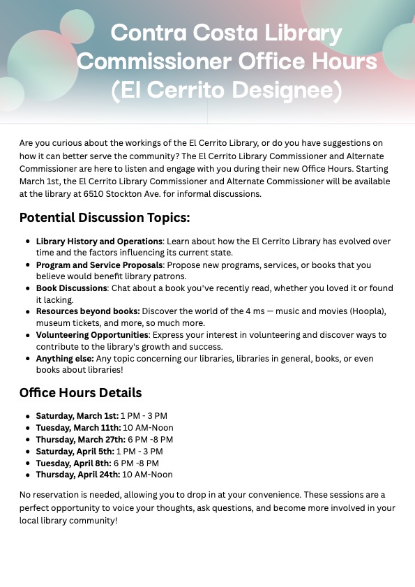 Office Hours – Committee for A Plaza Station Library